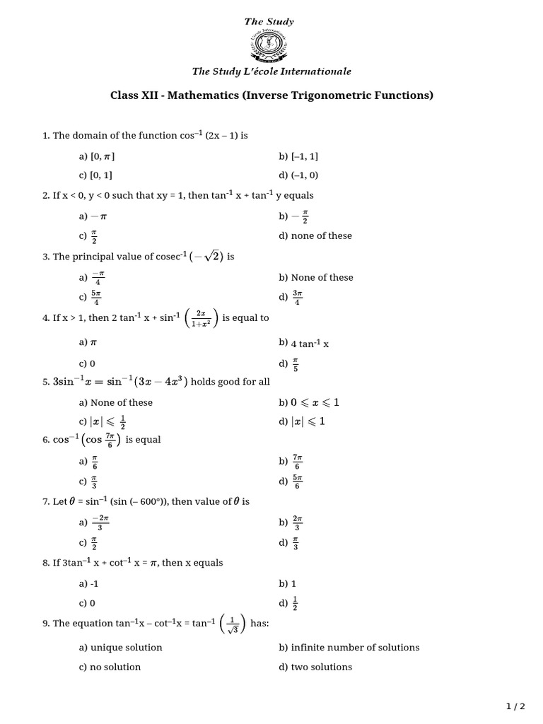 CH - 2 Inverse Trigonometric Functions Assignment | PDF | Trigonometric Functions | Function ...