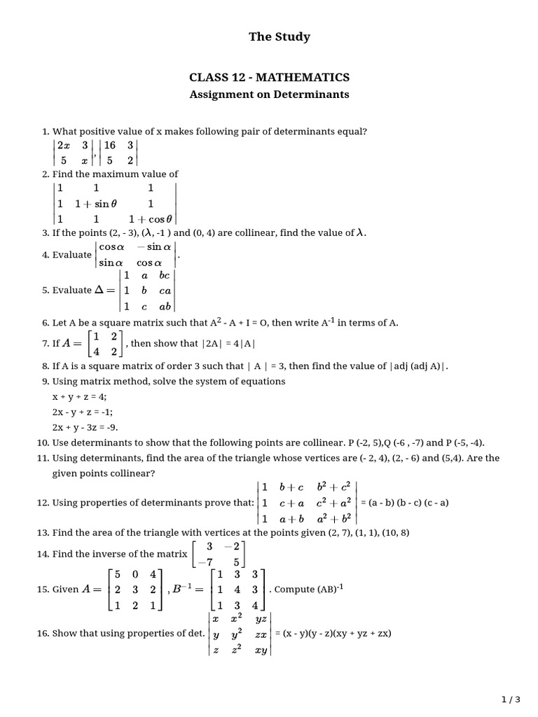 Assignment on Chapter 4. Determinants | PDF | Determinant | Matrix (Mathematics)