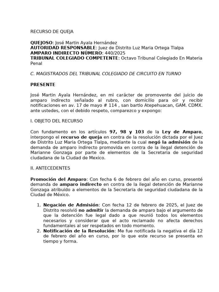 Recurso de Queja | PDF | Justicia | Crimen y violencia