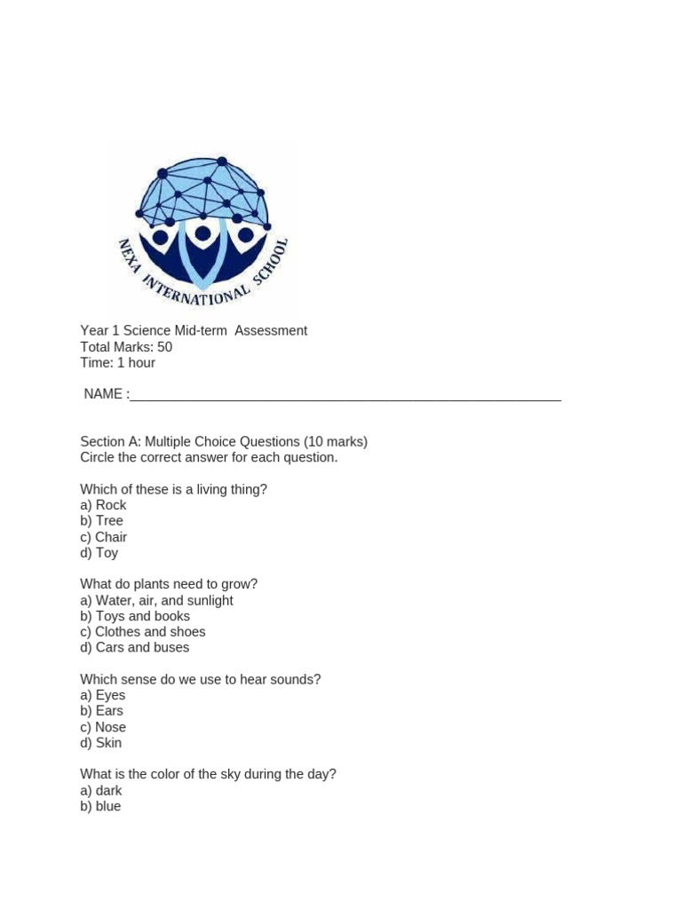 Year 1 Science Mid-term Assessment Guide | PDF