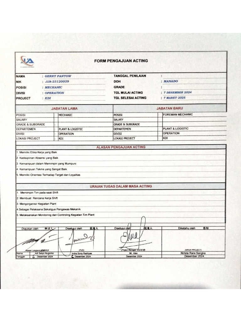 Form Pengajuan Acting-Gerry Pantow | PDF