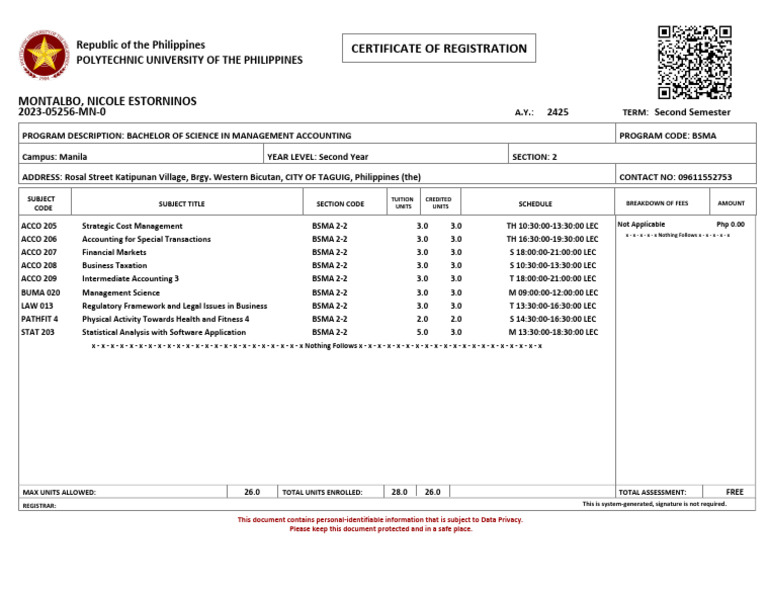 PUP Registration Certificate for BSMA 2nd Year | PDF