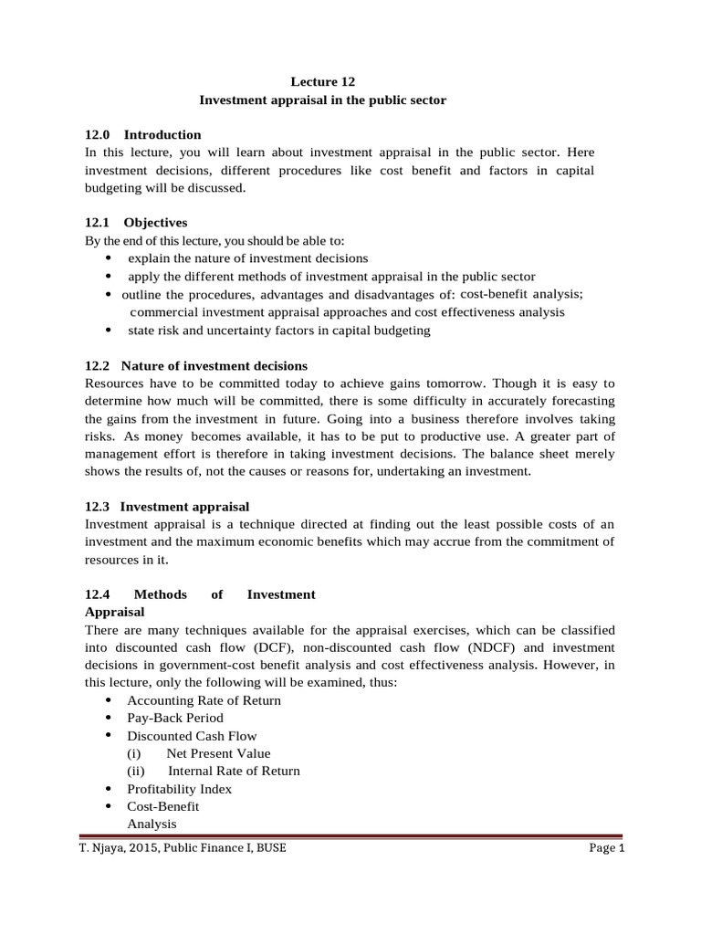 Lecture 12 Investment Appraisal | PDF | Net Present Value | Internal ...