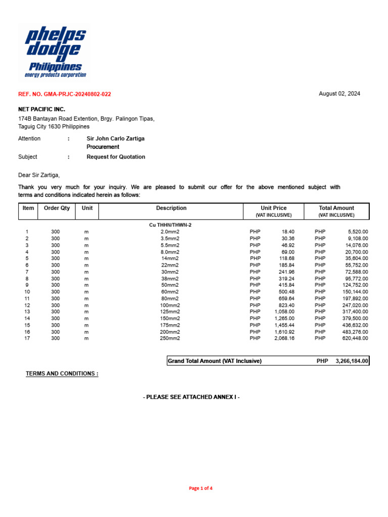 Phelps Dodge 2024 Price Quotation | PDF | Business