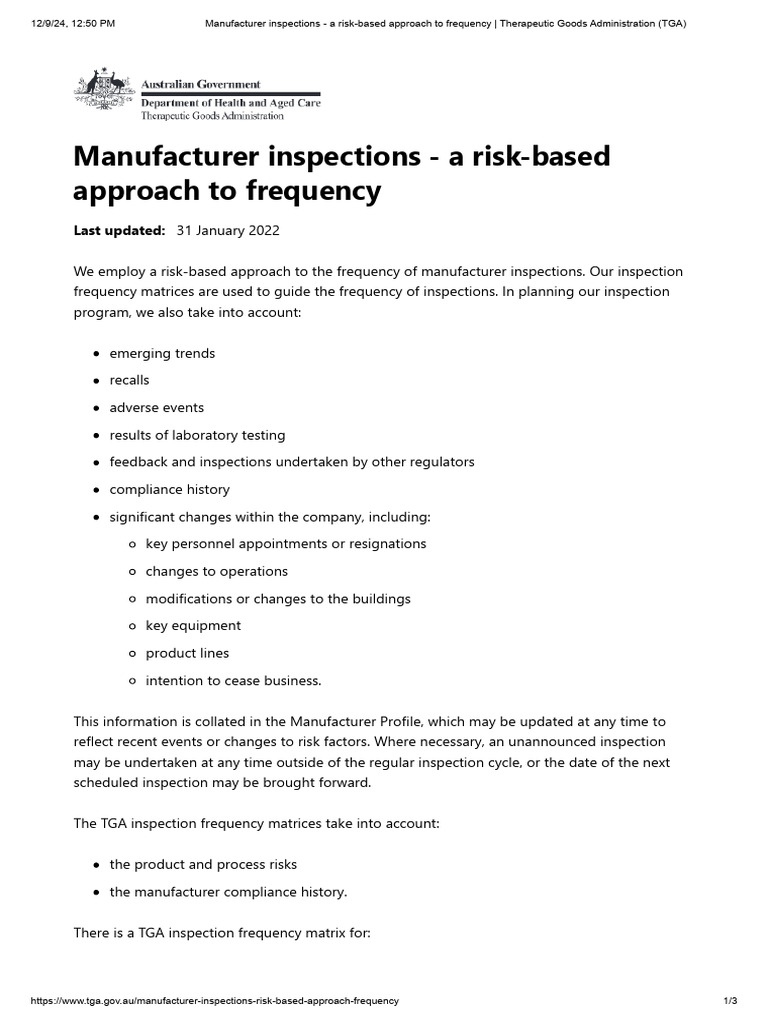 Risk-Based Manufacturer Inspection Frequency - TGA | PDF