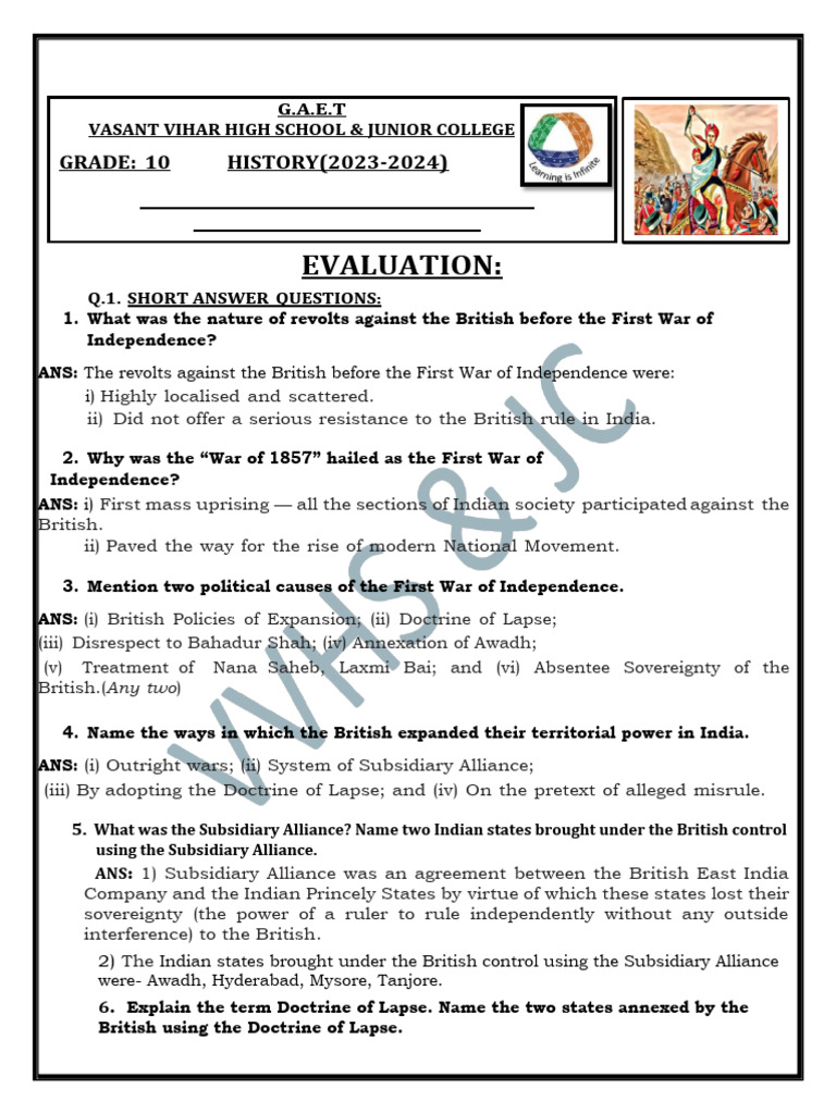 GRADE-10 HIST- FWOI- Evaluation 23-24_removed | PDF | Indian Rebellion Of 1857 | British India