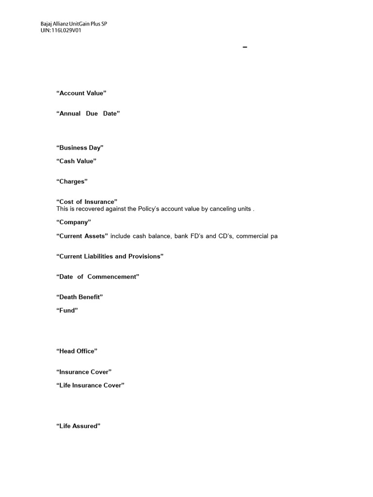 Bajaj Allianz Unit Gain Plus Policy Details | PDF | Insurance | Life ...