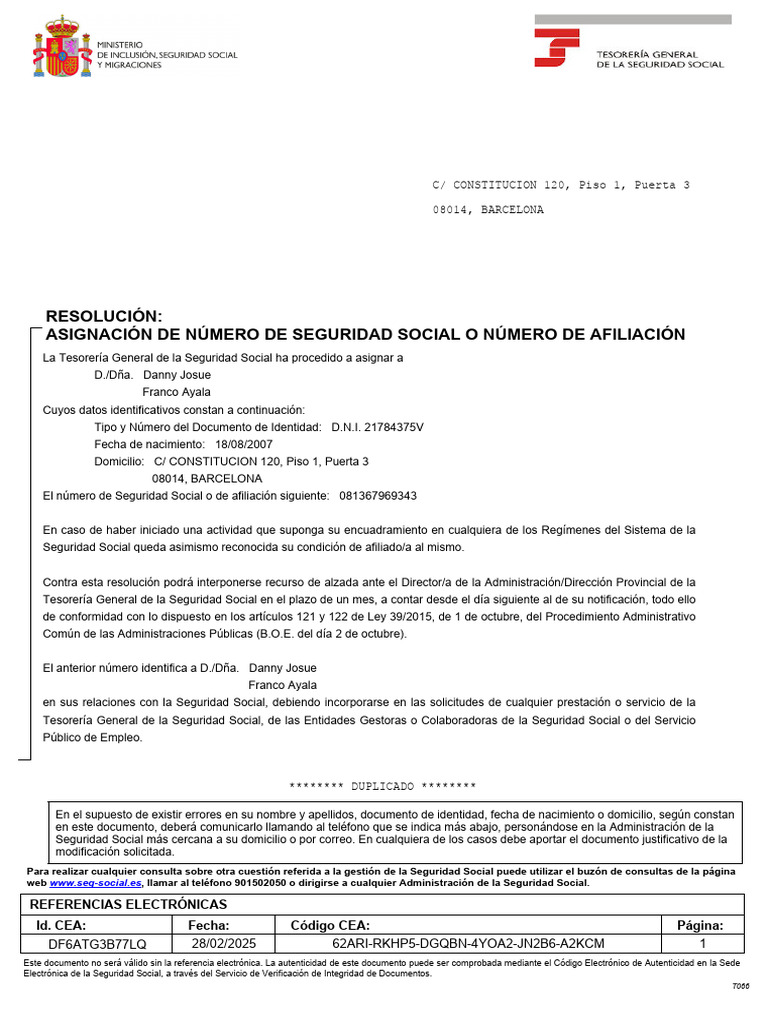 Numero de Afiliacion A La Seguridad Social. Resolucion | PDF