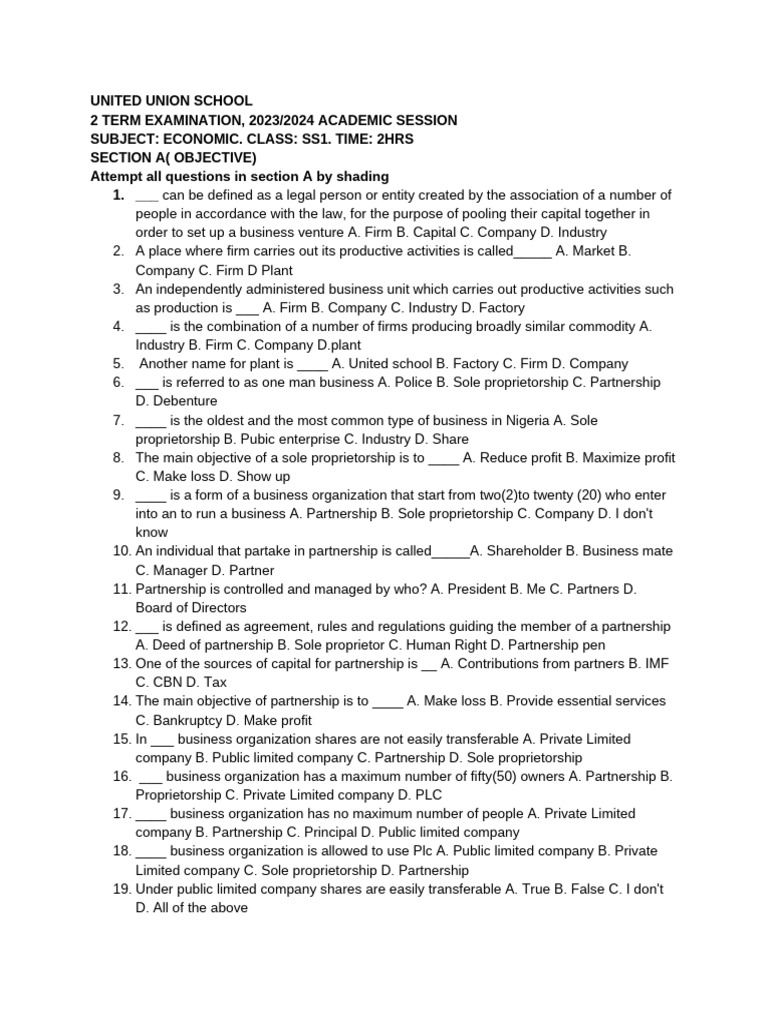 SS1 Economics Second Term Exam 2023 | PDF | Sole Proprietorship ...