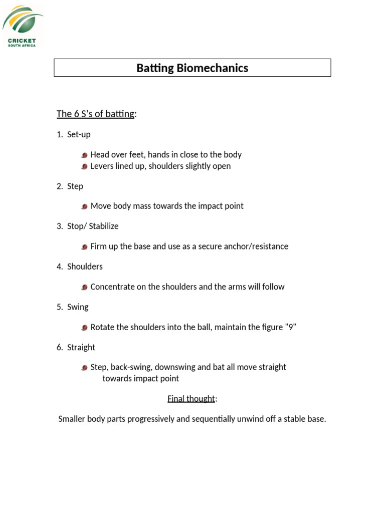 Batting Biomechanics: The 6 S's Explained | PDF