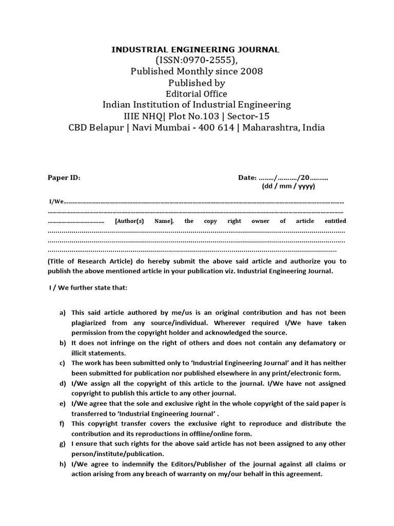 Copyright Form Industrial Engineering Journal (IEJ) | PDF | Copyright ...
