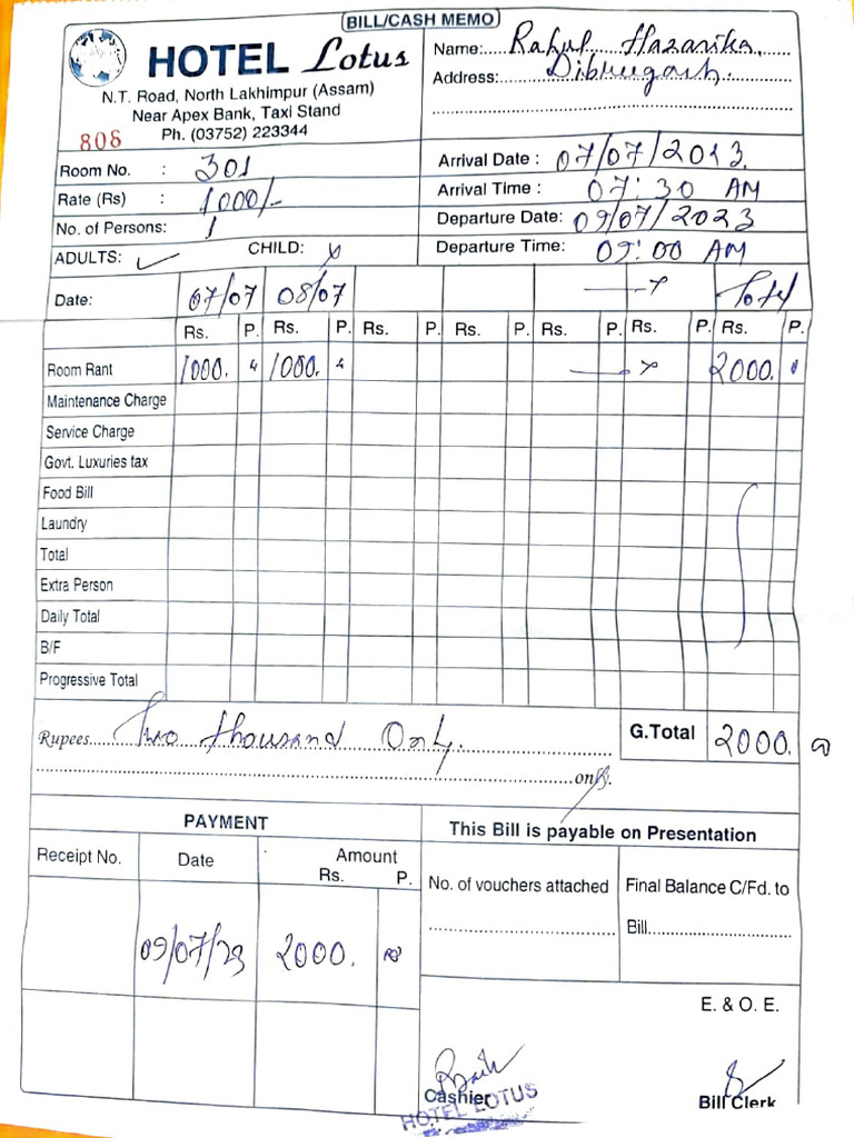 Hotel Lotus Room Bill Receipt | PDF