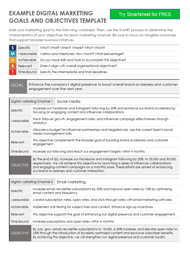 Digital Marketing Goals Template | PDF | Digital Marketing | Goal