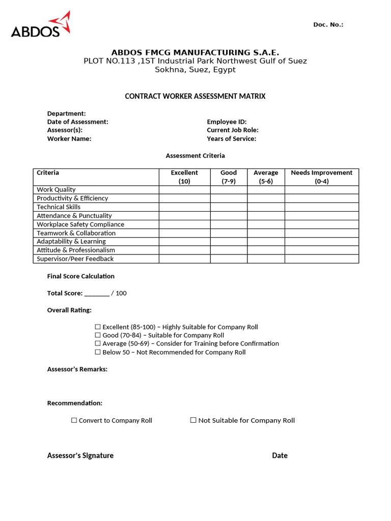 CONTRACT WORKER ASSESSMENT MATRIX | PDF