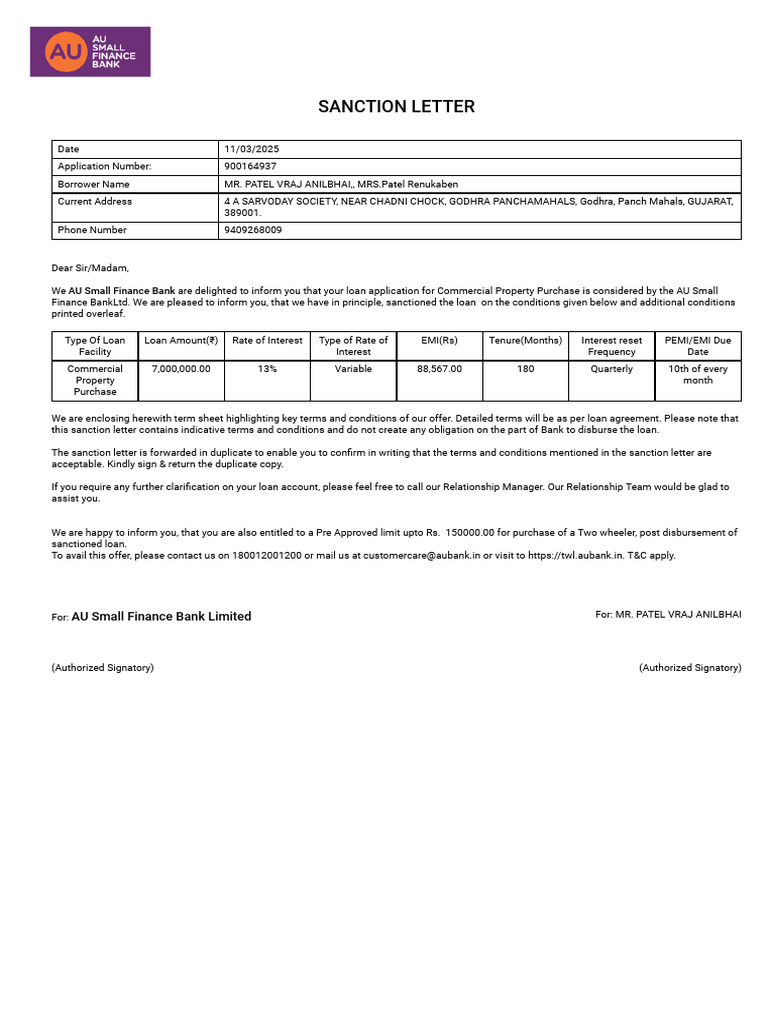 Sanction Letter | PDF | Loans | Interest