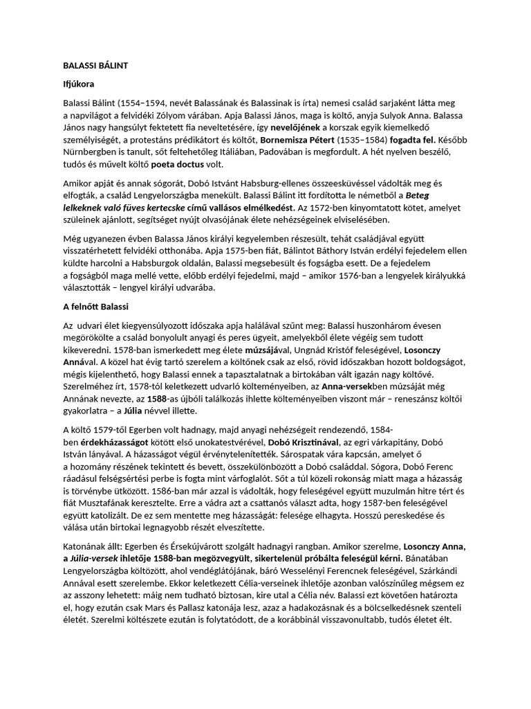 BALASSI BÁLINT Élete | PDF