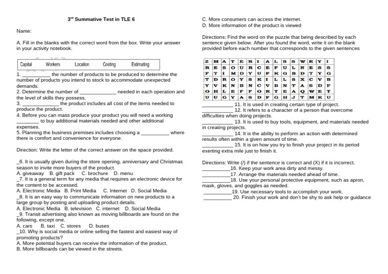 3rd Summative Test TLE 6 Worksheet | PDF