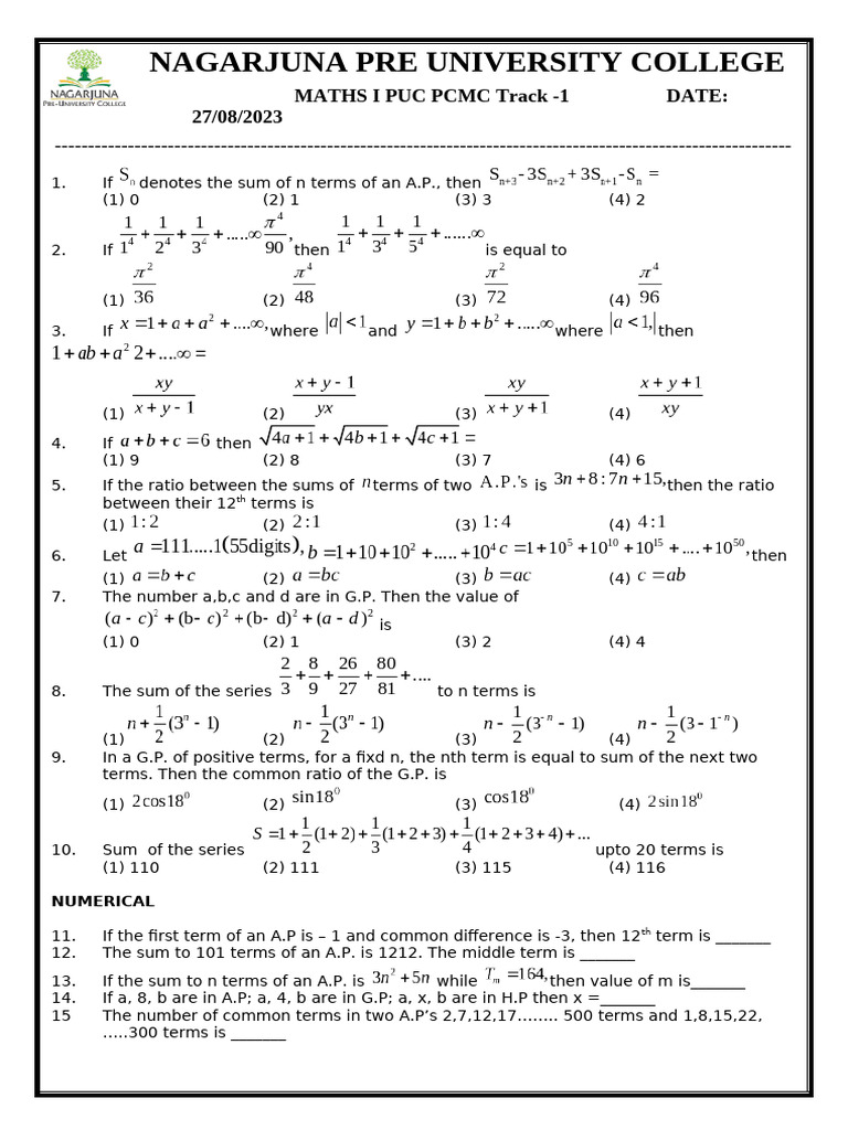 MATHS I PUC PCMC Track - 1 1 | PDF | Mathematics | Arithmetic