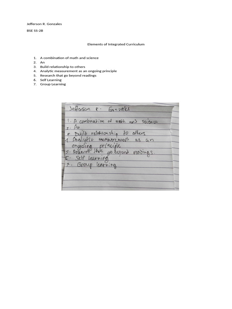 Gonzales, Jefferson R. SS-2B Elements of Integrated Curriculum | PDF