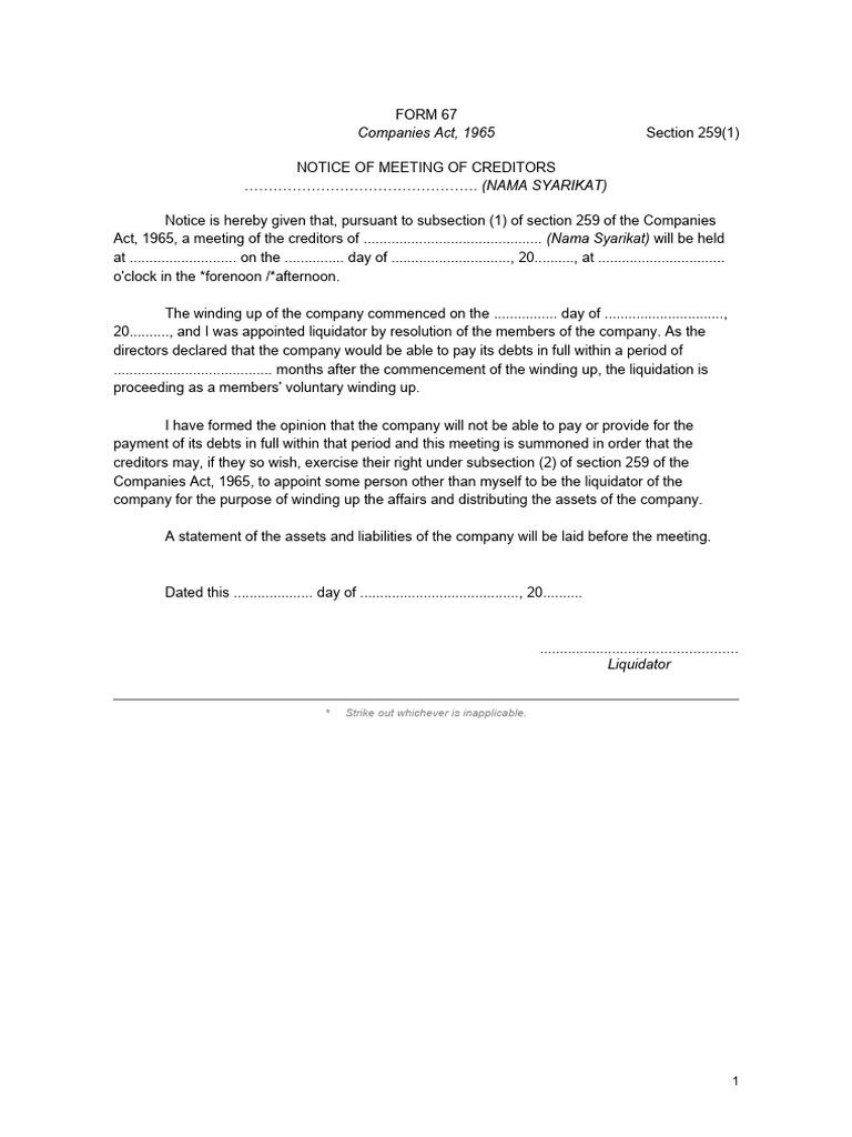 Notice of Creditors' Meeting - Form 67 | PDF