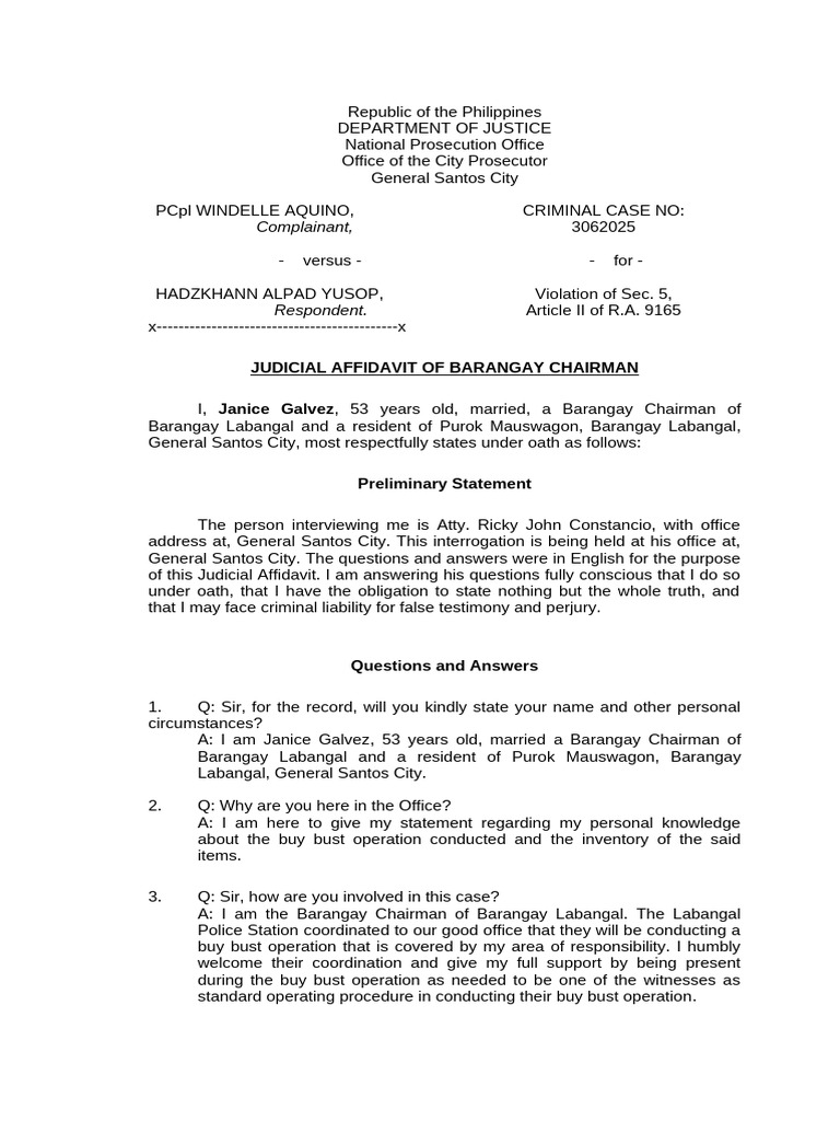 Judicial Affidavit-Brgy-Official | PDF | Affidavit | Perjury