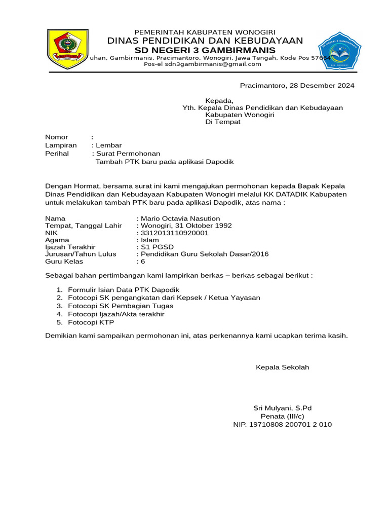 Surat Permohonan Masuk Dapodik | PDF