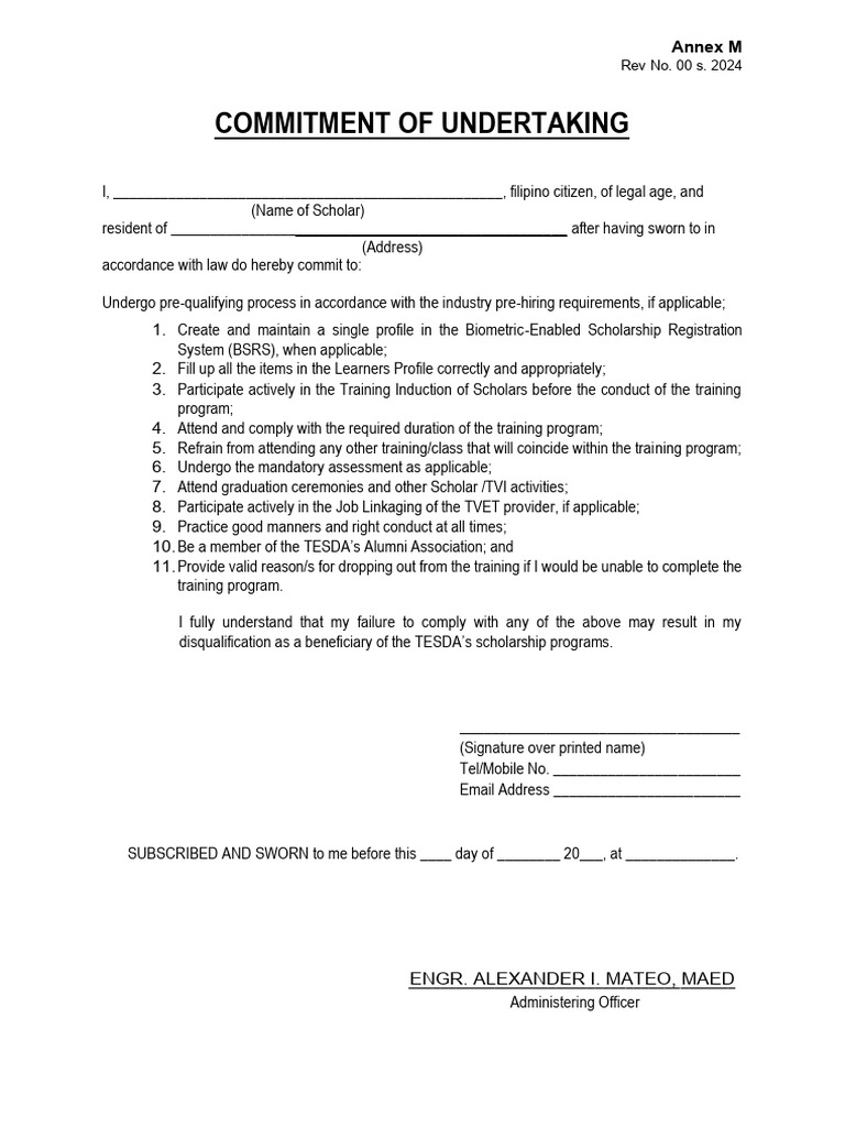 TESDA Commitment of Undertaking Form | PDF | Government