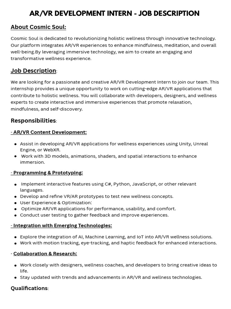 ARVR Development Intern - Job Description | PDF | Augmented Reality | Virtual Reality