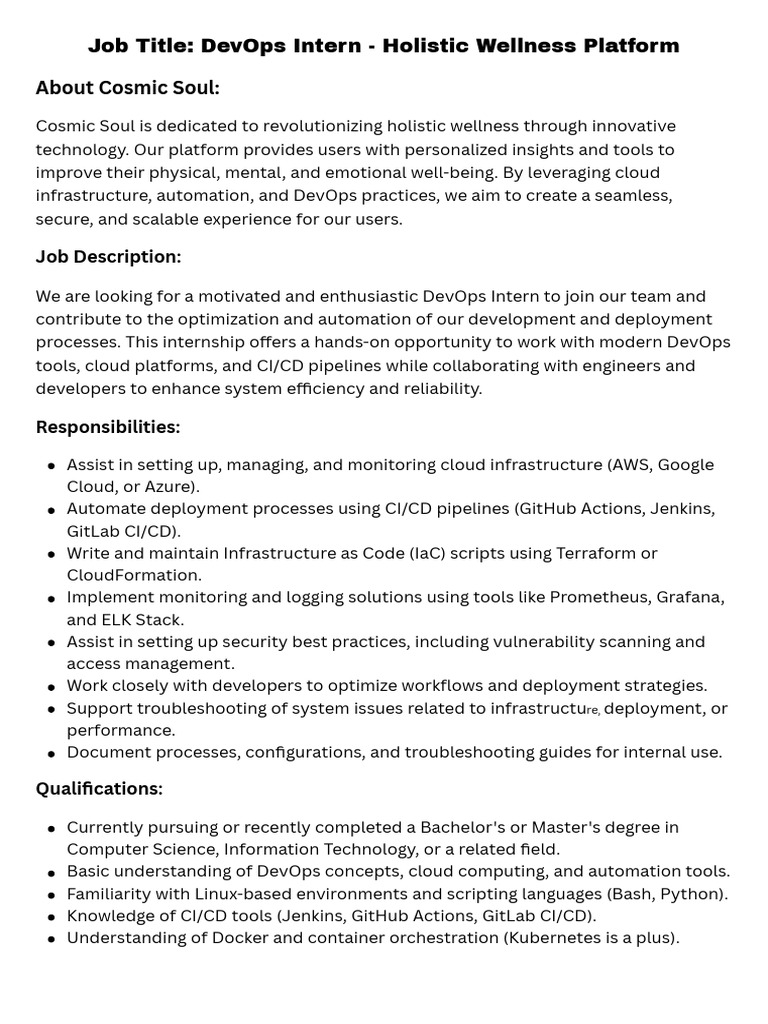 Here's A Job Description For A DevOps Intern Based On The Format Used ...
