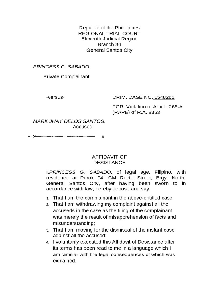 Affidavit of Desistance Final | PDF