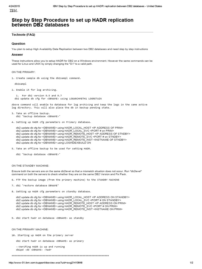 IBM Step by Step Procedure To Set Up HADR Replication Between DB2 ...