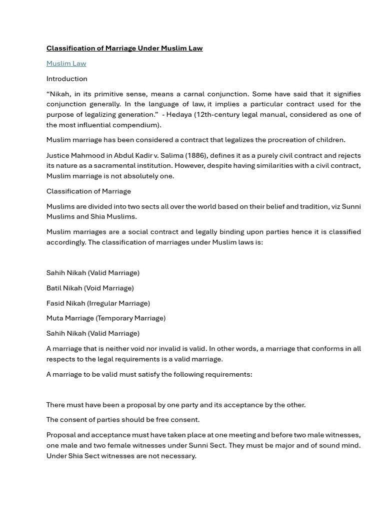 Classification of Marriage Under Muslim Law | PDF | Marriage | Social Conventions