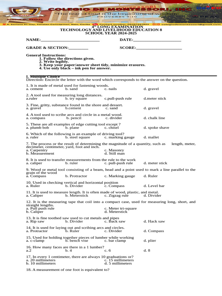 TLE 8 Long Exam: Tools & Measurements | PDF | Tools