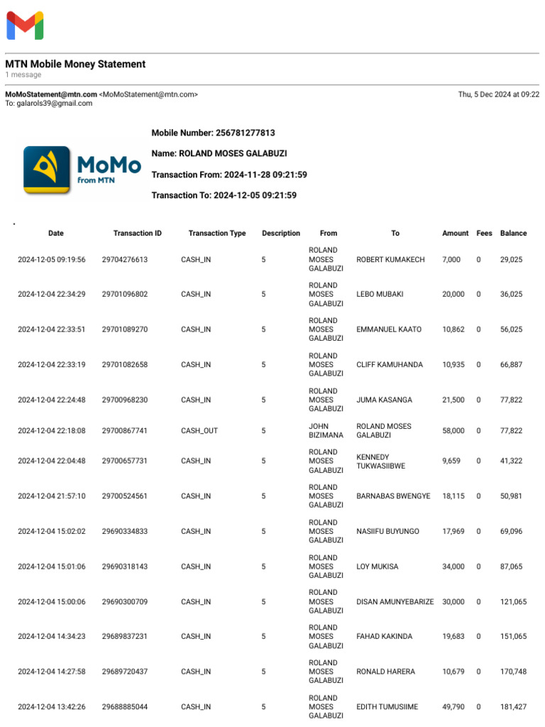 Gmail - MTN Mobile Money Statement 2024 12 | PDF