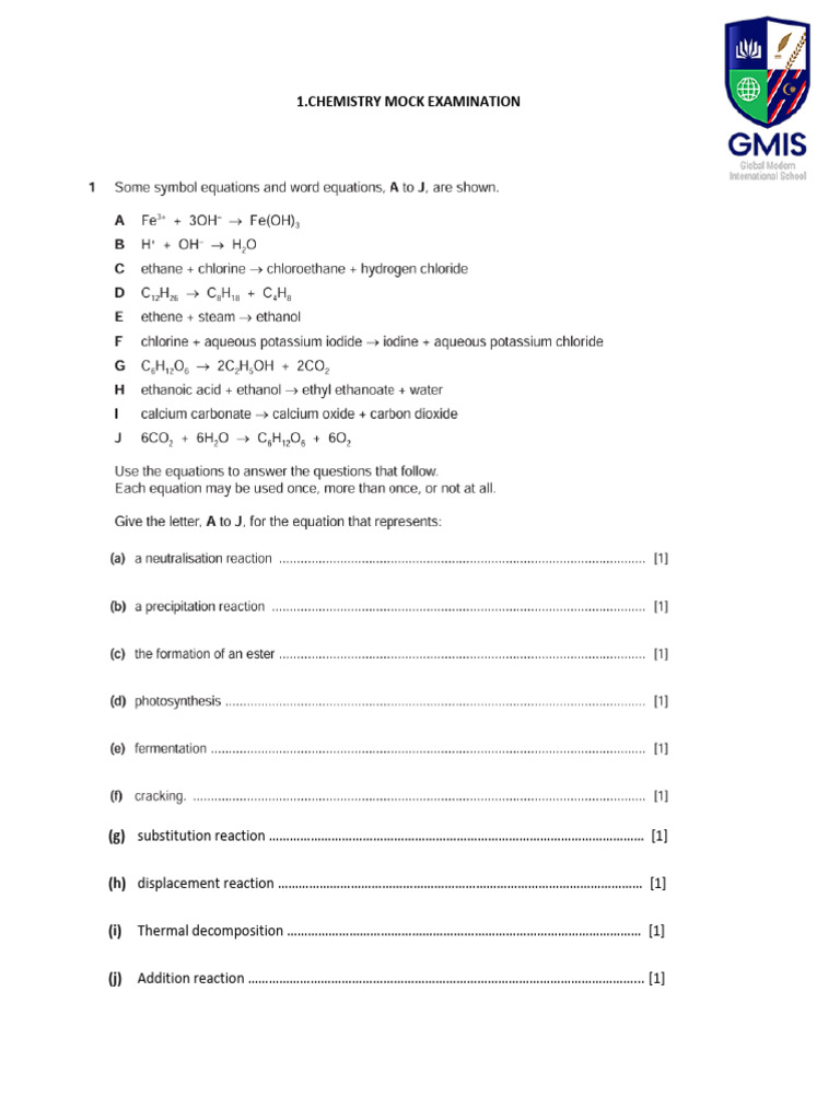 Chemistry Mock Examination Guide | PDF | Chemical Reactions | Reaction Rate