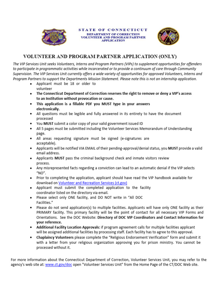 Volunteer Application for CT DOC Programs | PDF | Crimes | Crime & Violence