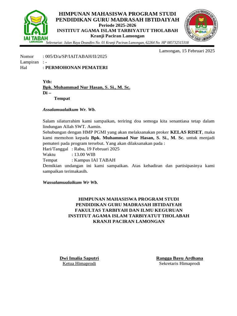 005 PERMOHONAN PEMATERI KELAS RISET | PDF