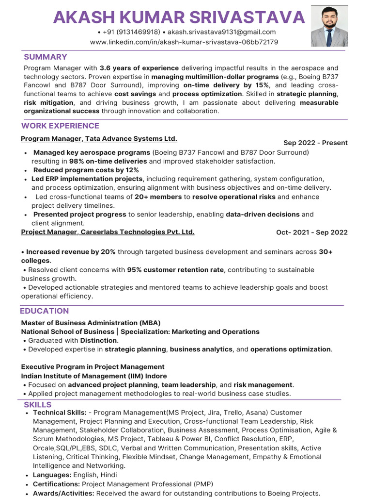 Akash Kumar Srivastava: Program Manager Profile | PDF | Project ...