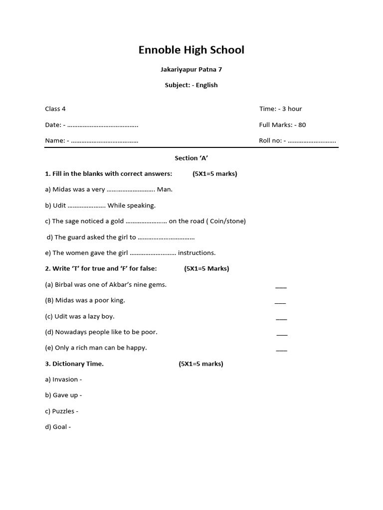 Ennoble Question Paper English Class 4 | PDF | Noun | Plural