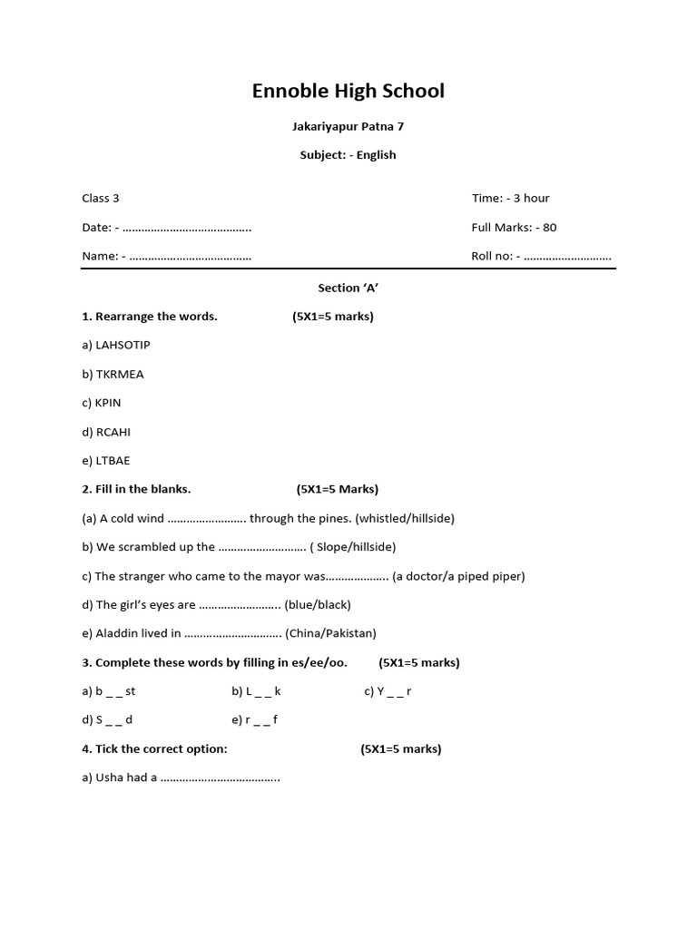 Ennoble Question Paper English Class 3 | PDF | Languages | Foreign ...