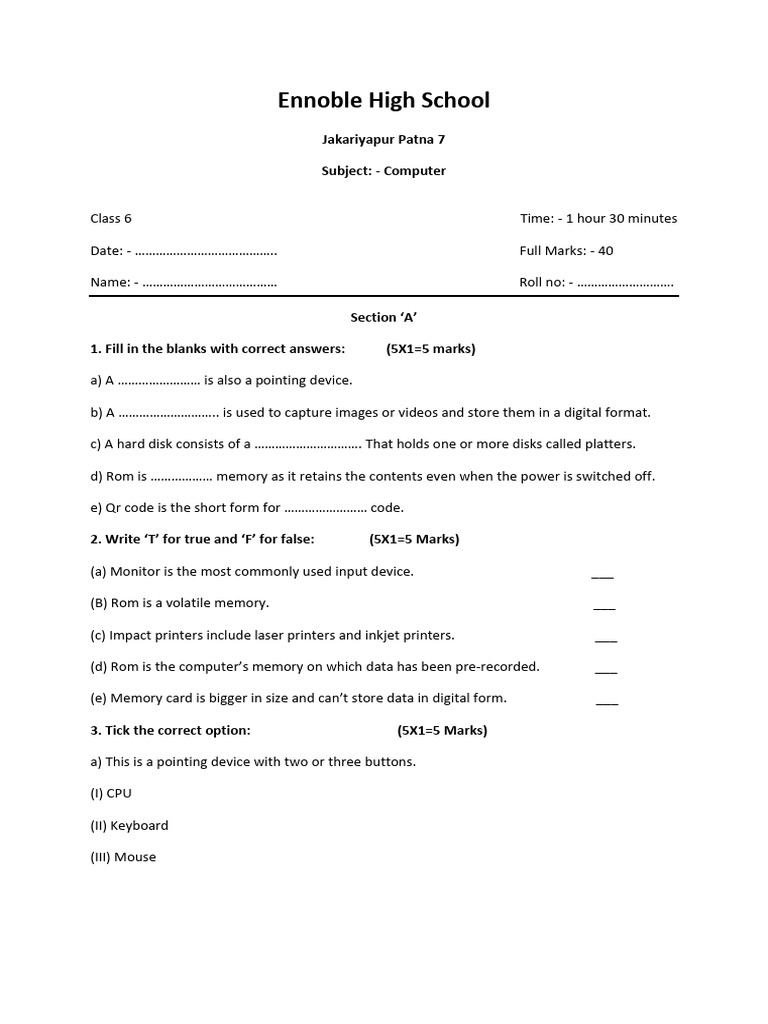 Ennoble Question Paper Computer Class 6 | PDF | Computer Data Storage | Read Only Memory