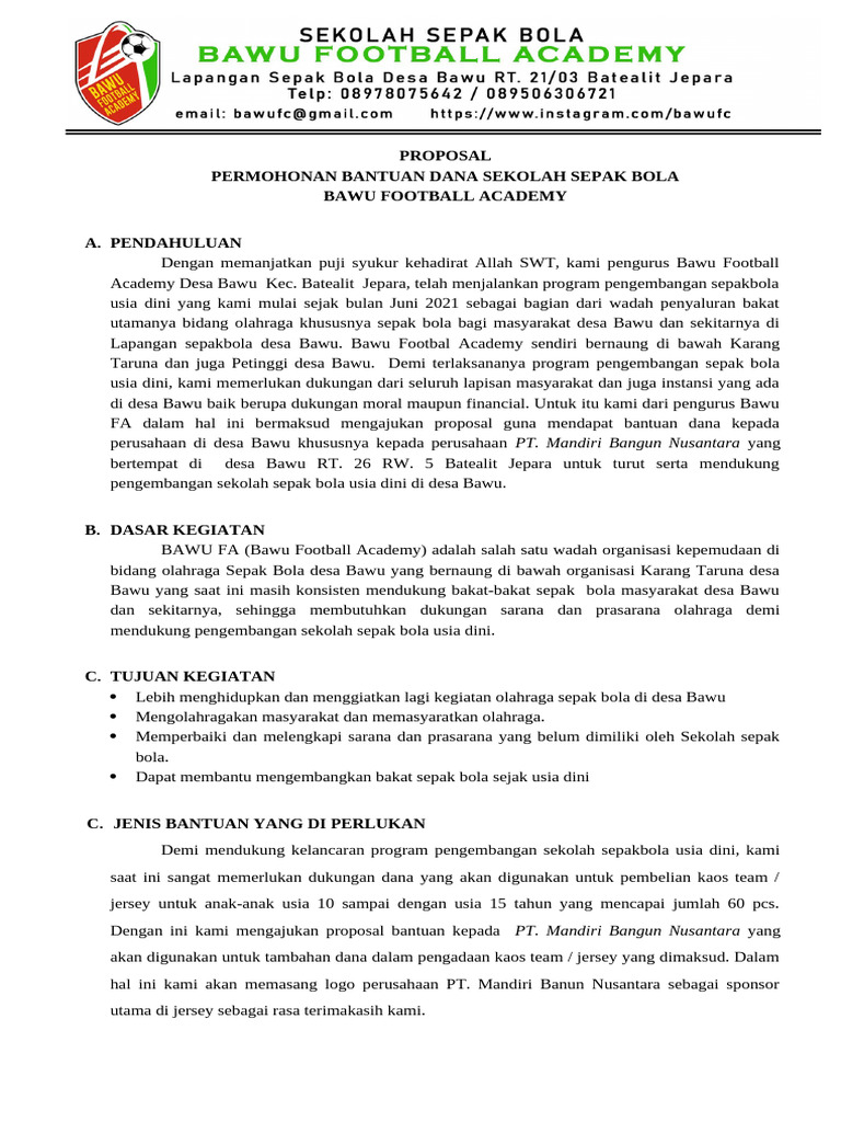 Proposal Kaos Team Bawu Football Academy-MBN | PDF