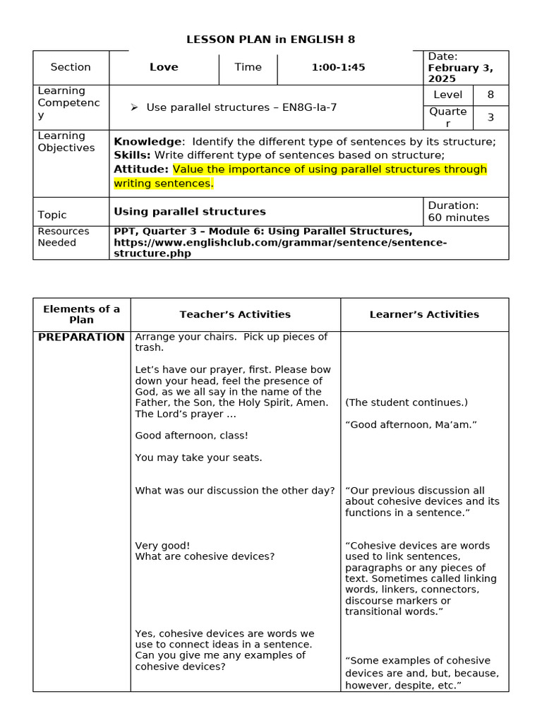 02-03-25 - Grade 8 Quarter 3 - Use Parallel Structures | PDF | Sentence ...