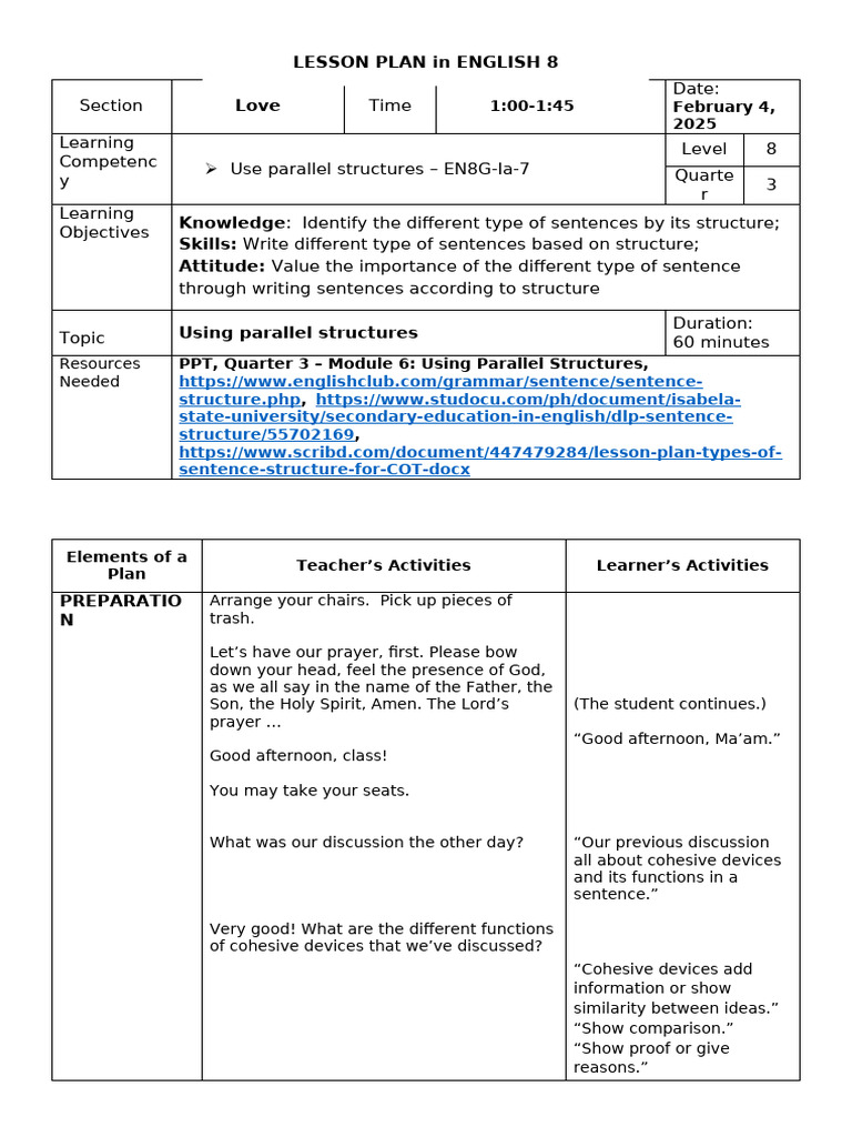 Lesson Plan: Using Parallel Structures | PDF | Sentence (Linguistics) | Syntax