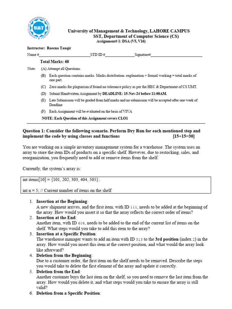 Total Marks: 60: Assignment# 1: DSA (V5, V16) Instructor: Raeena Tauqir | PDF | Computer ...