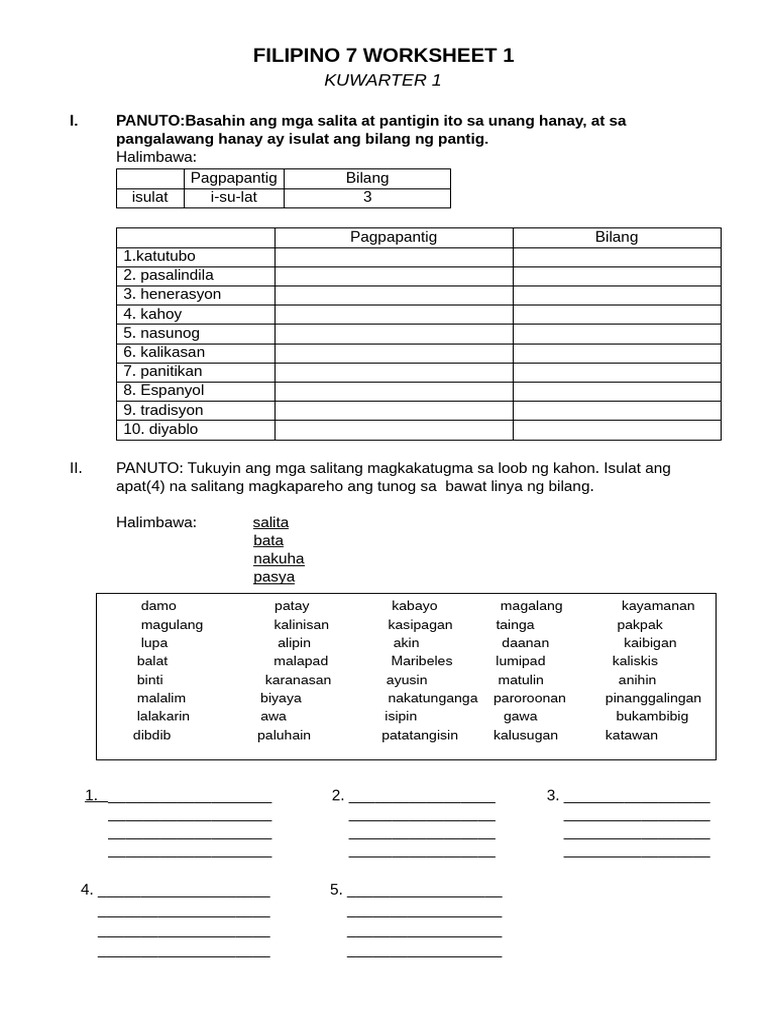 Filipino 7 Worksheet 1 | PDF