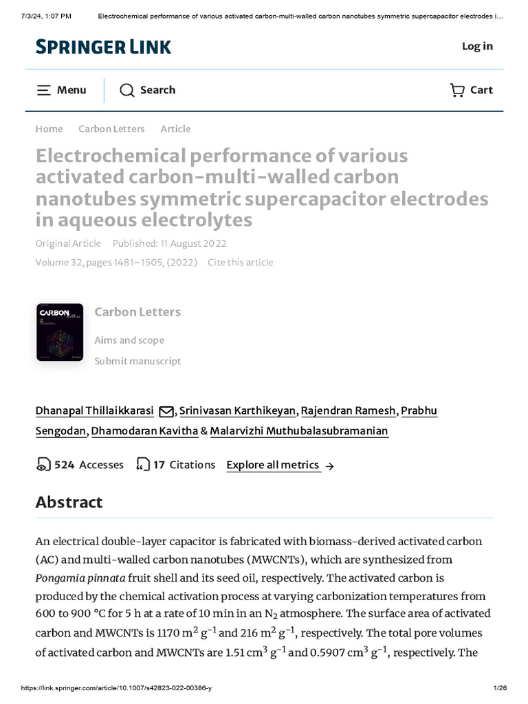 Supercapacitor Electrodes from Biomass Carbon | PDF | Carbon Nanotube ...