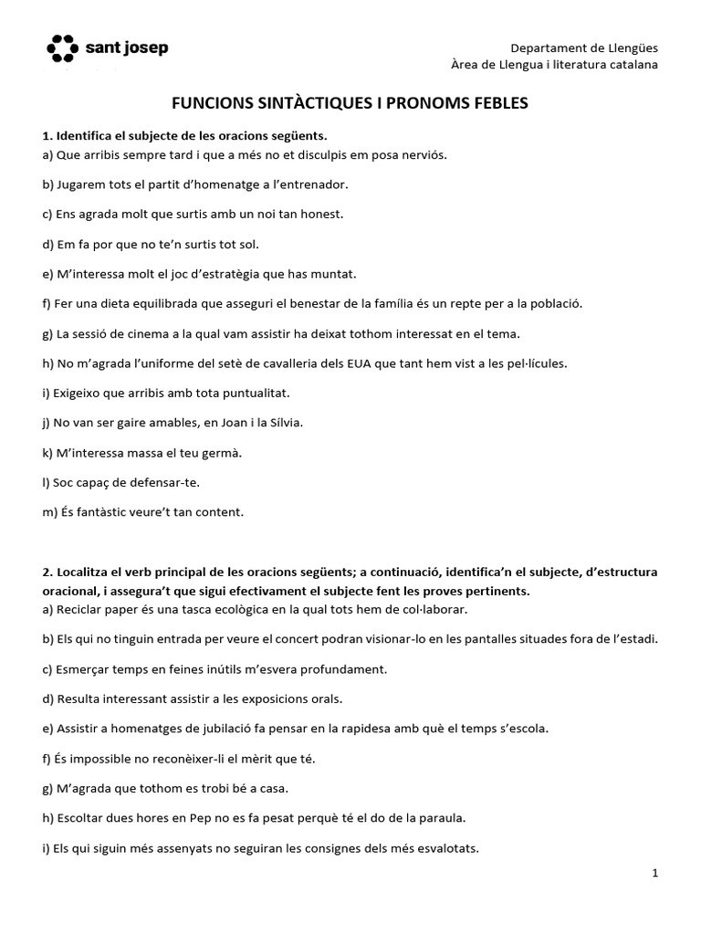 Dossier Funcions Pronoms Sense Teoria | PDF