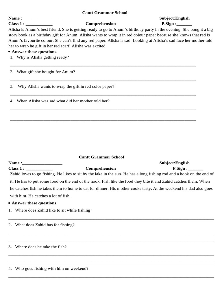 Class 1 All Comprehensions | PDF