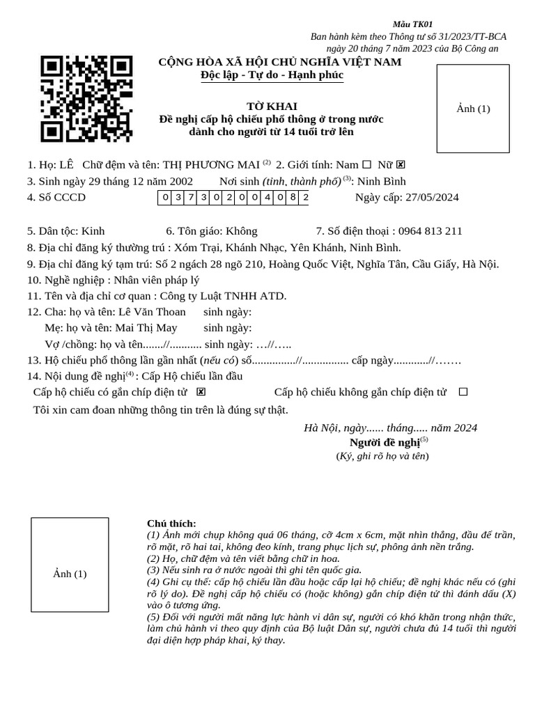 Mau TK01 To Khai Cap HCPT Trong Nư C TK01 M I | PDF